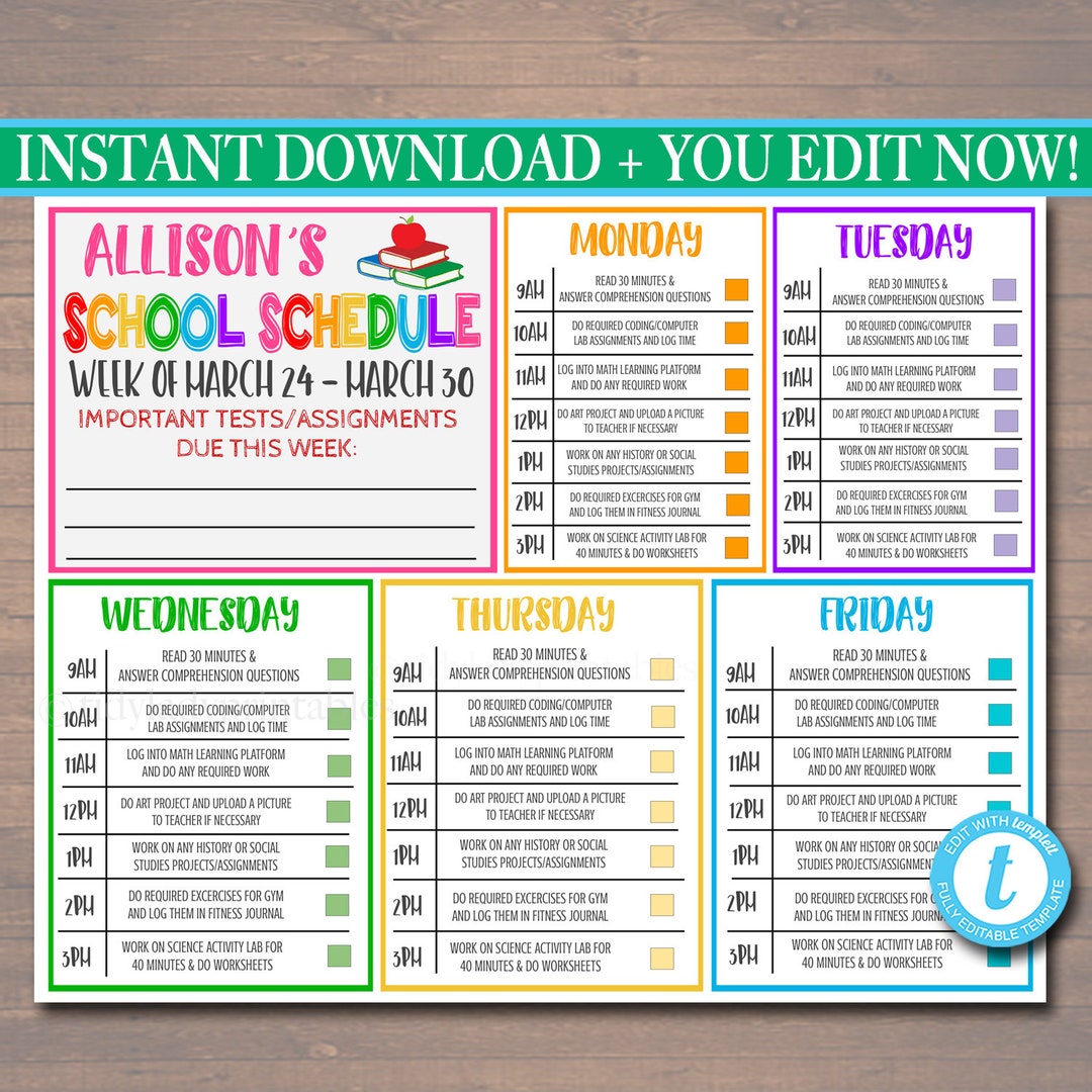 Printable Home School Schedule, Daily Weekly Subject Checklist ...