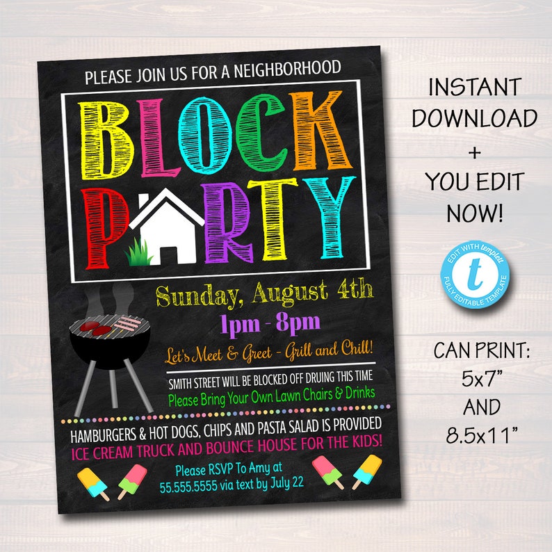 Editable Block Party Invitation: BBQ Picnic, Summer Street Party ...