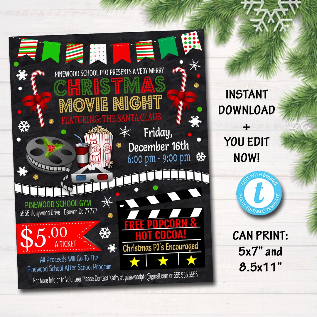 EDITABLE Christmas Movie Night Flyer, Printable PTA PTO Flyer Xmas ...