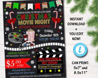 Christmas Movie Night Flyer Editable Template, Holiday Cinema Party ...