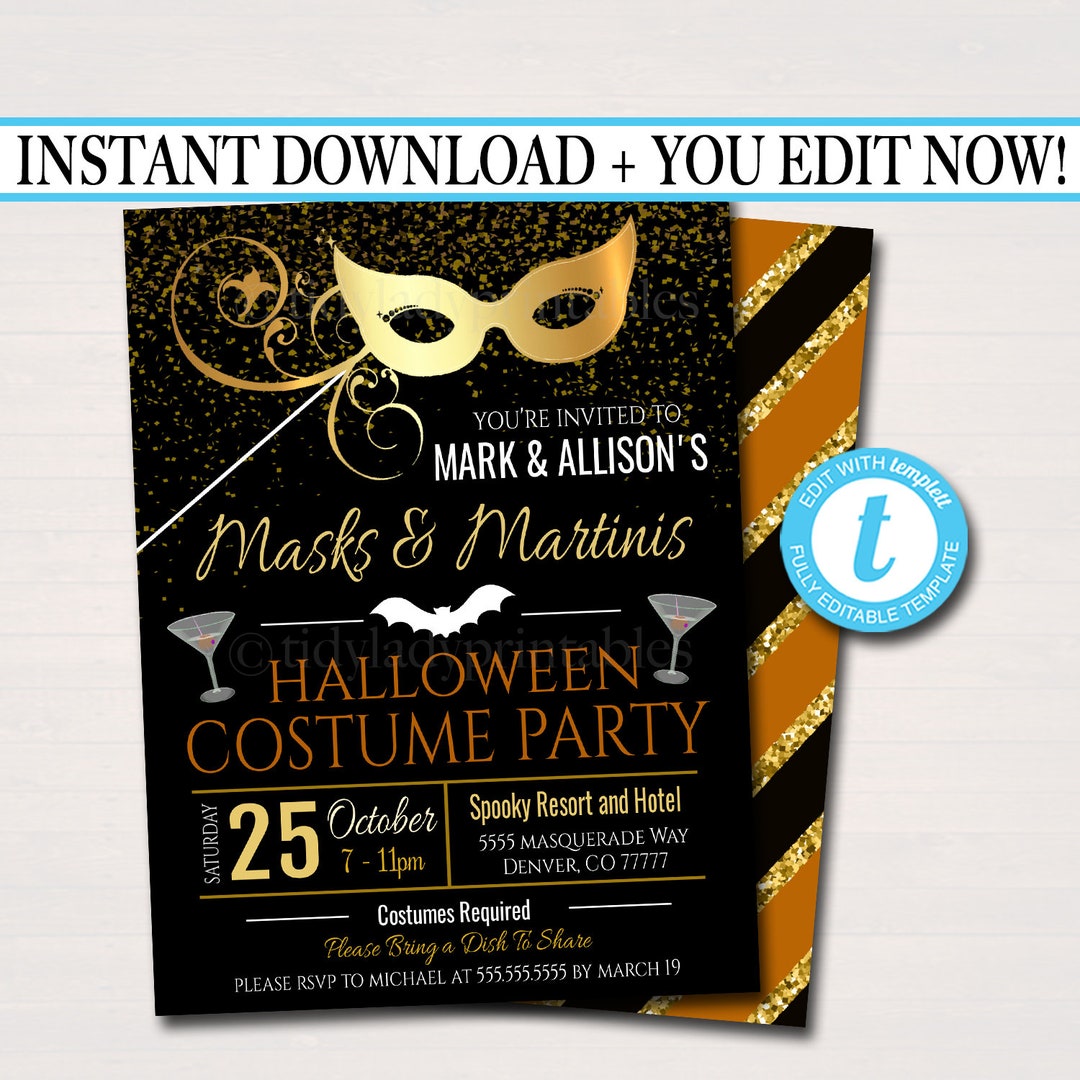 EDITABLE Halloween Masquerade Costume Party Invitation, Printable Adult ...