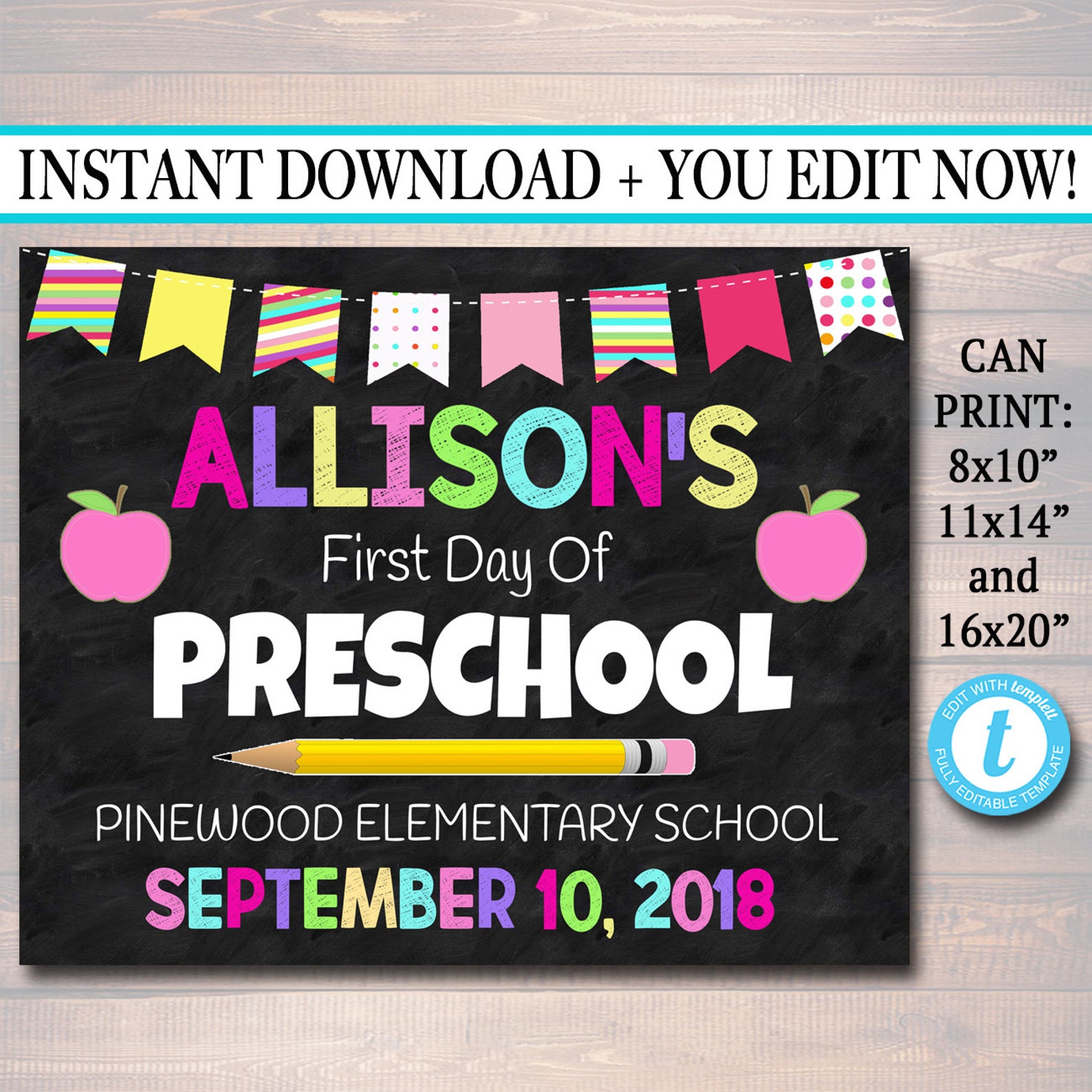 EDITABLE First Day of School Photo Prop Kindergarten Preschool - Etsy