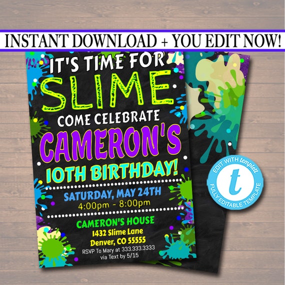 EDITABLE Slime Party Birthday Invitation, Slime Mad Scientist Kids ...