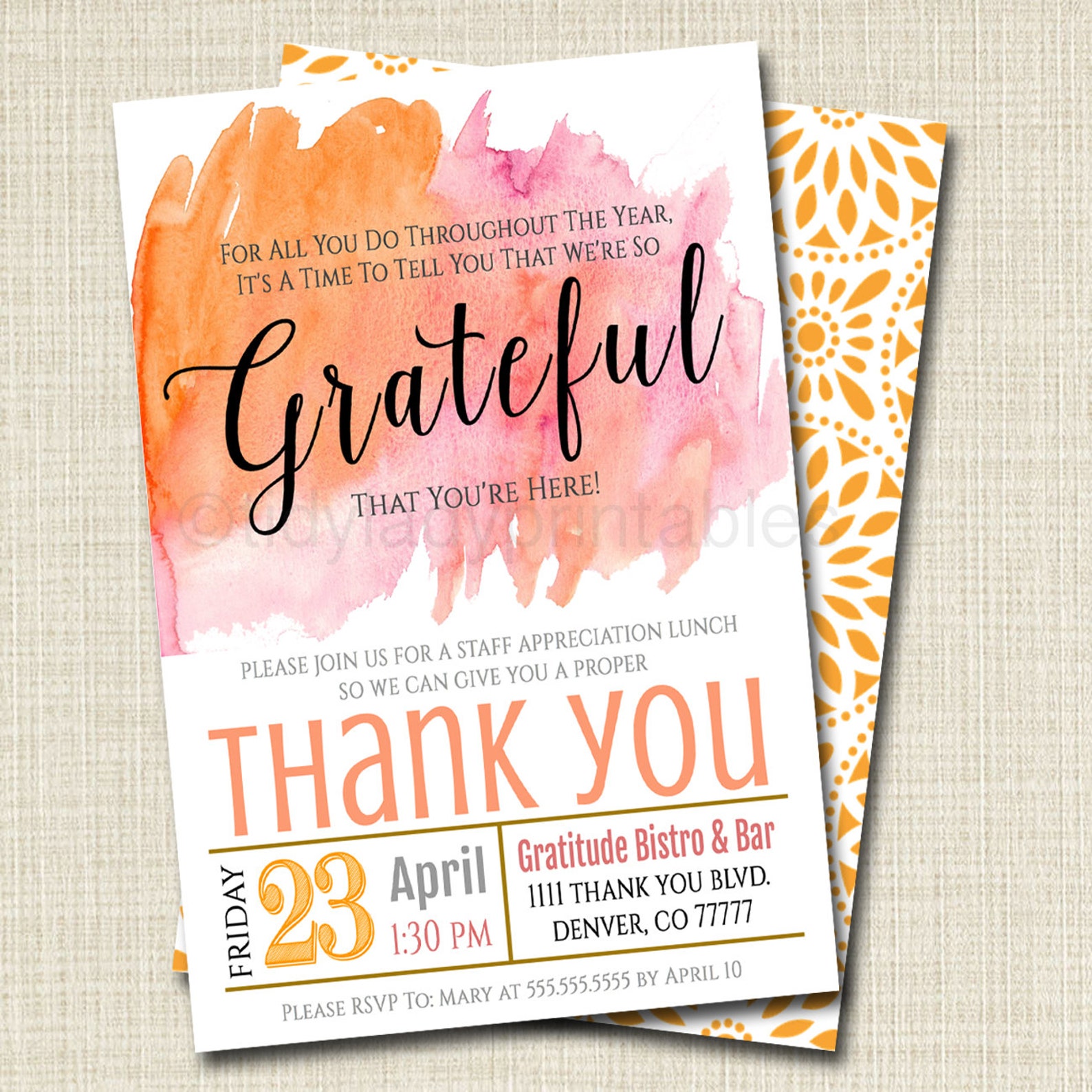 Editable Appreciation Invitation, Grateful for You Teacher Staff ...