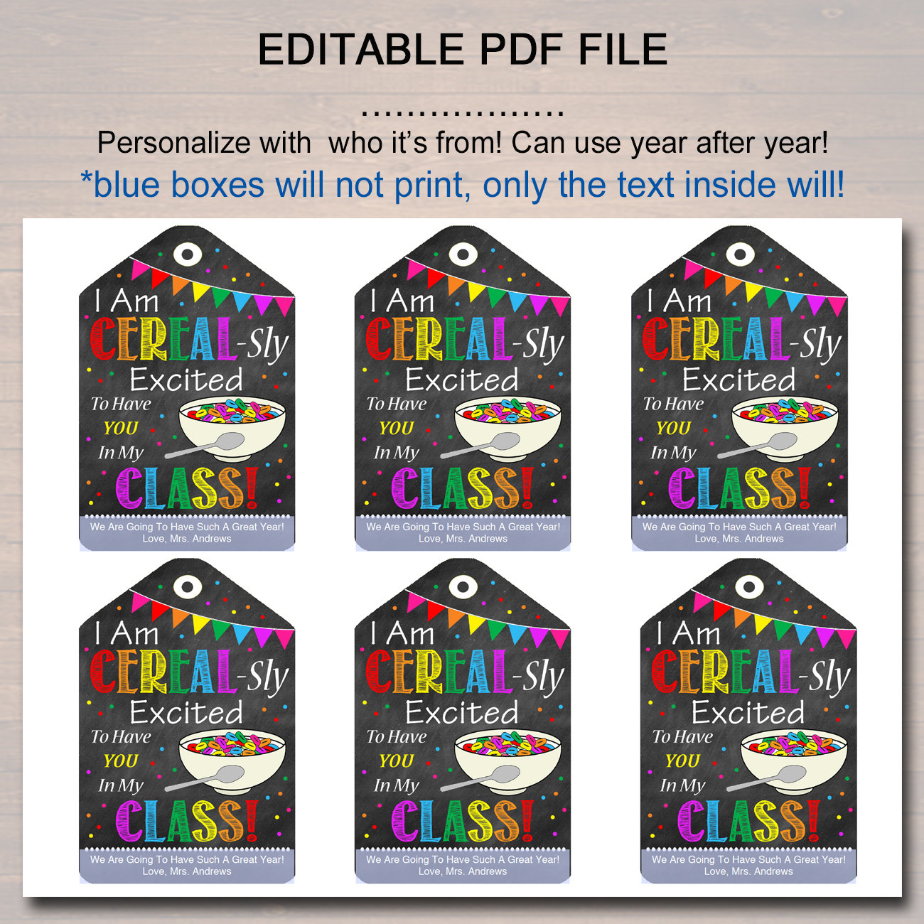 EDITABLE Cereal Classroom Printable Gift Tags, I'm Cereal-sly Excited ...