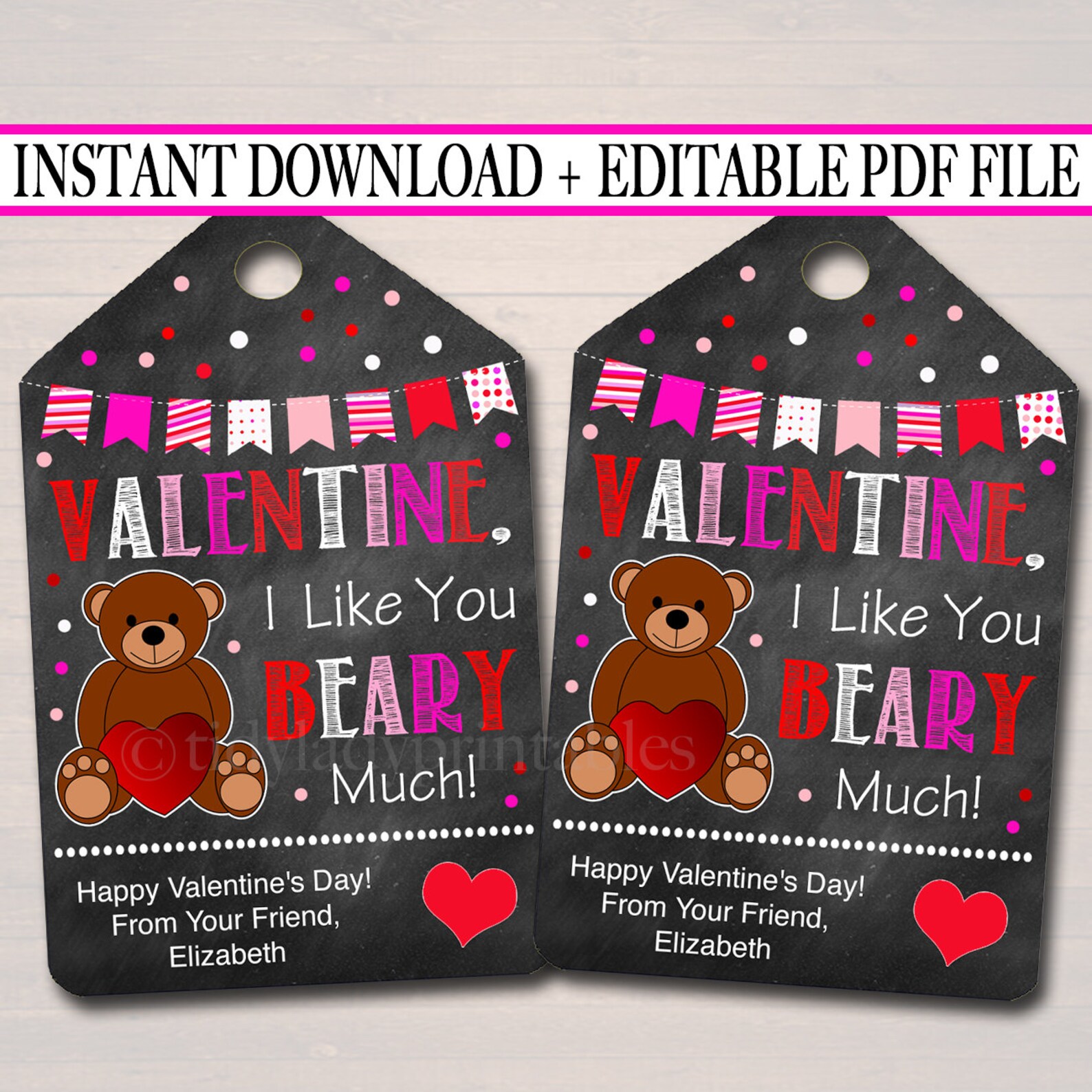 EDITABLE Valentine I Like You Beary Much Gift Tags Teacher | Etsy