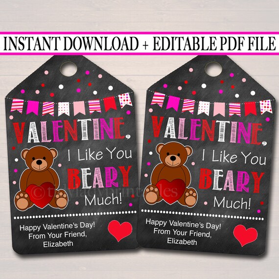 EDITABLE Valentine I Like You Beary Much Gift Tags, Teacher Friend Kids ...