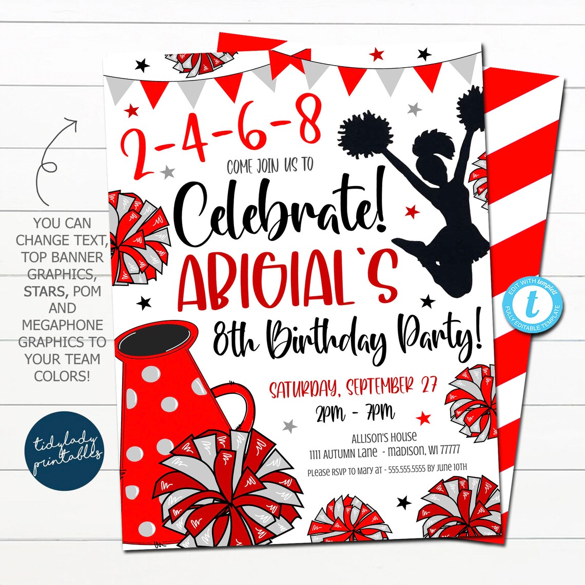 Girl Cheerleader Invite Cheer Birthday Invitation Editable - Etsy