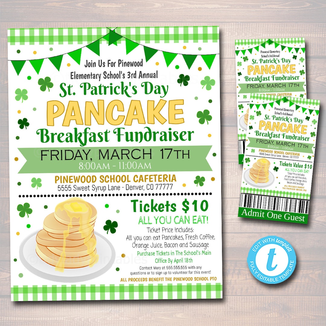 St. Patricks Day Pancake Breakfast Fundraiser Flyer and Ticket Set ...