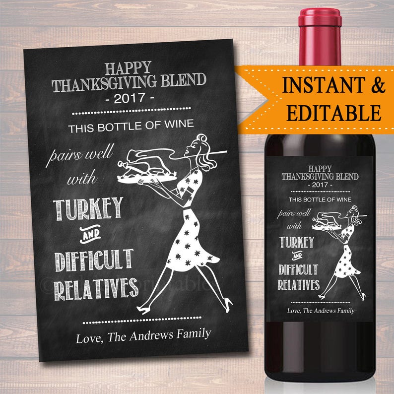 EDITABLE Wine Label Thanksgiving Turkey Printable Chalkboard - Etsy