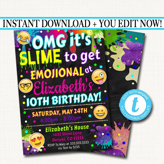 EDITABLE Slime Party Birthday Invitation, Slime Emojional Kids Party ...