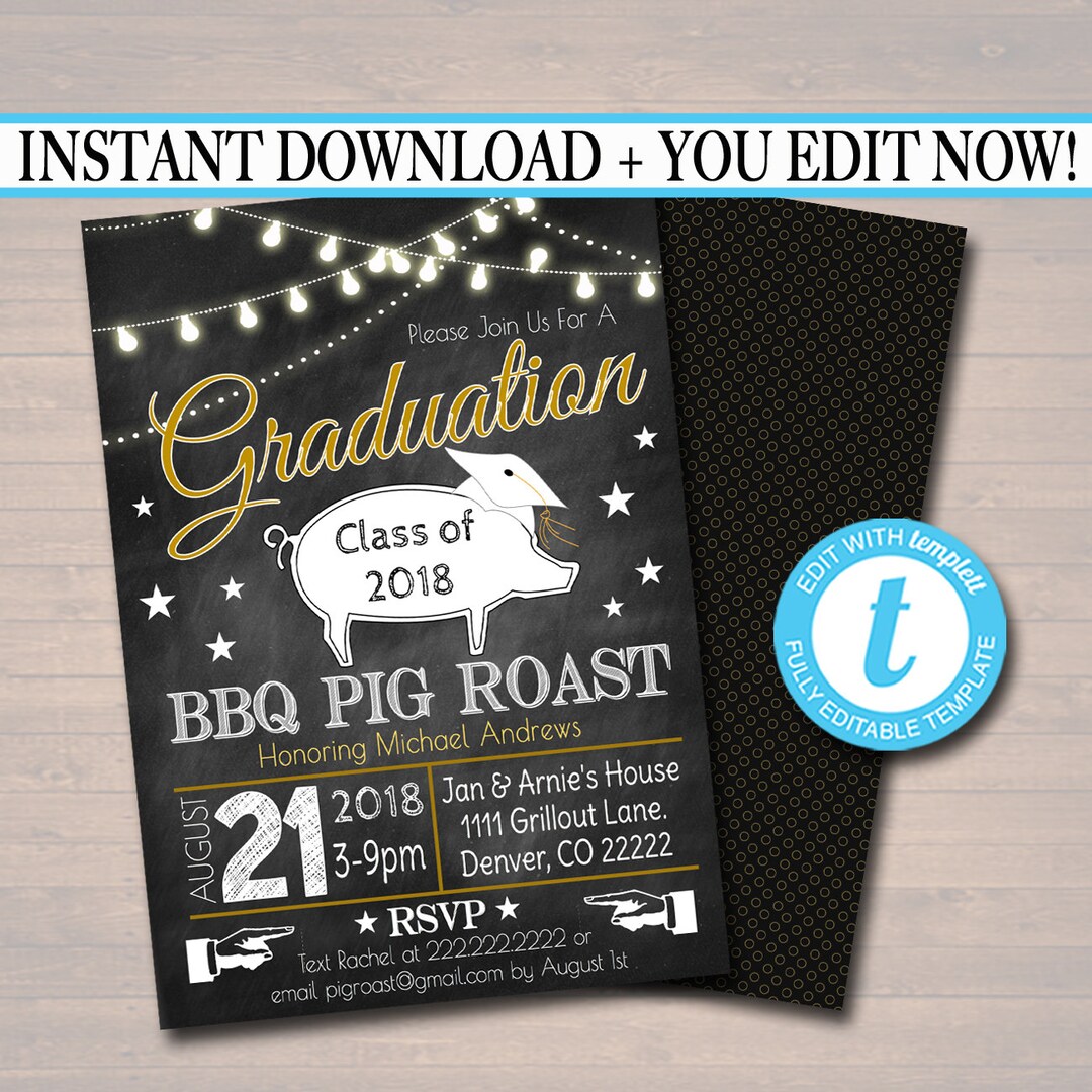 Editable Pig Roast Graduation Invitation: Chalkboard BBQ (digital ...
