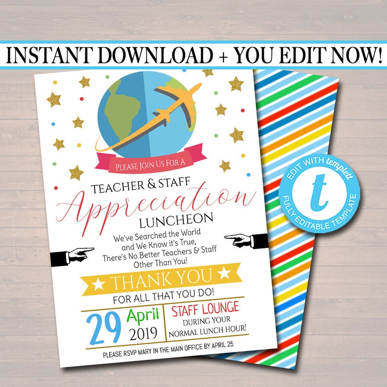 World Theme Teacher Appreciation Invitation: Editable Staff Luncheon ...