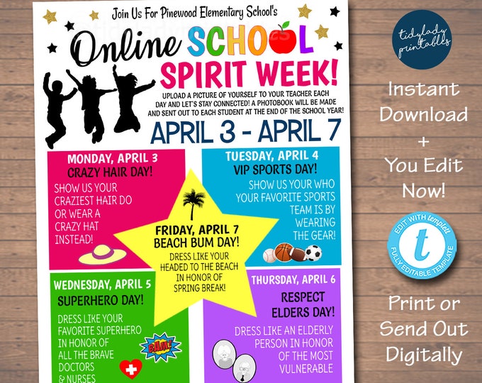 Virtual Spirit Week Itinerary Schedule Daily Weekly Calendar - Etsy