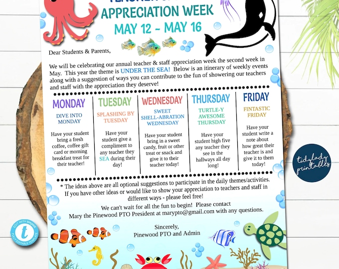 EDITABLE Under the Sea Teacher Appreciation Week Itinerary, You Are Sun ...
