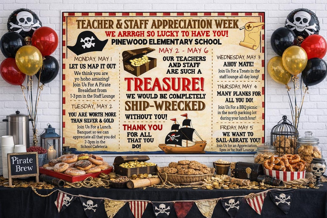 Pirate Themed Teacher Appreciation Week Itinerary Poster, School Pto ...