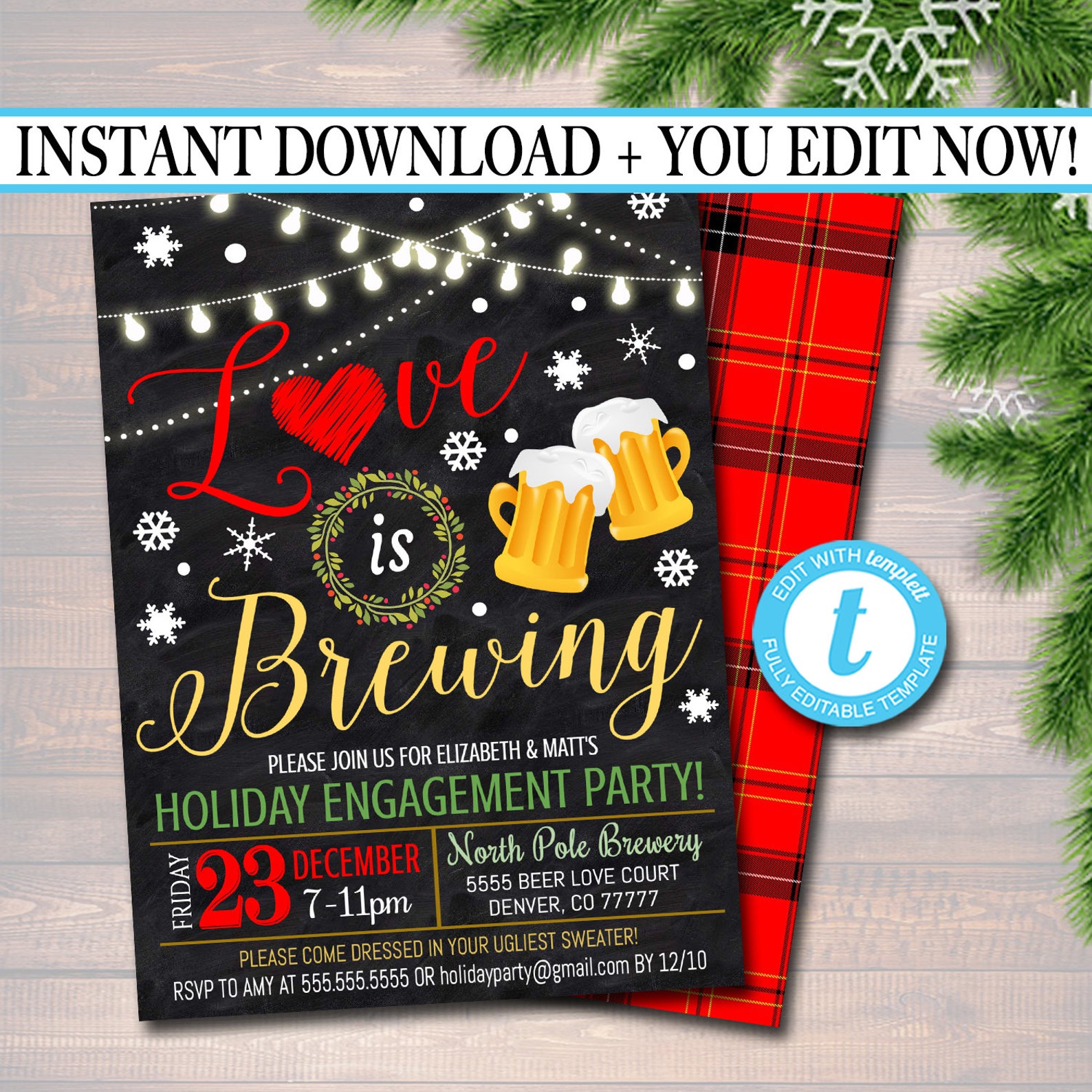 Editable Holiday Brewery Party Invitation: Christmas Flannel Plaid ...