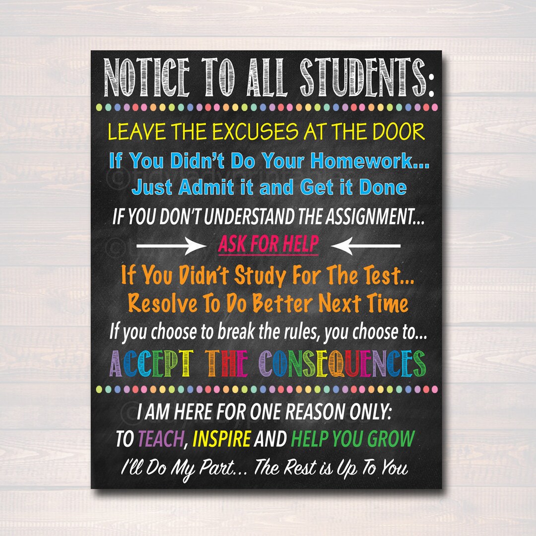 Classroom Rules Poster: Notice to Students, No Excuses (digital ...