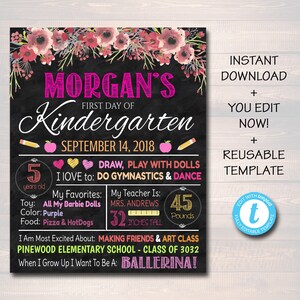 First Day of School Sign, Floral Girl Chalkboard Poster, Personalized ...