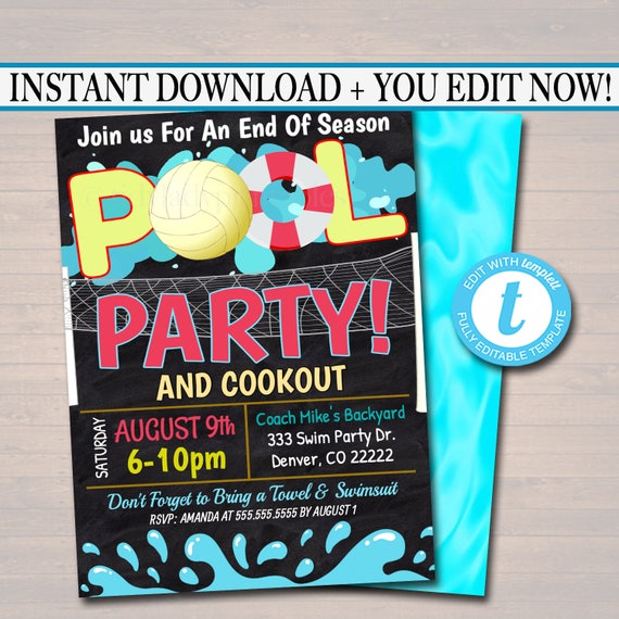 EDITABLE Summer Pool Volleyball Party Invitation, Printable Digital ...