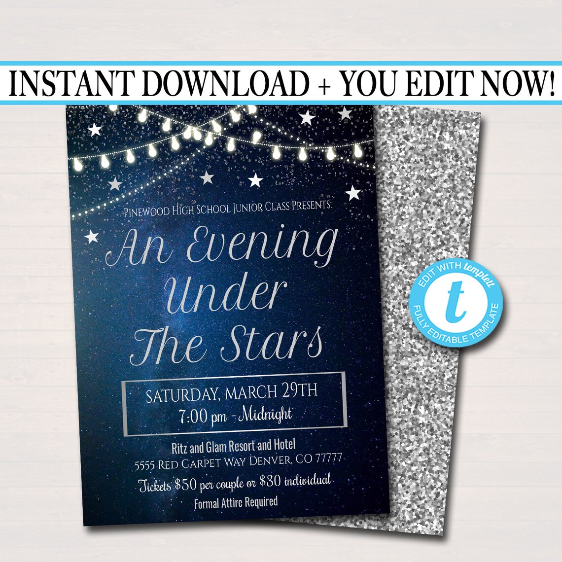 EDITABLE Prom Dance Invitation. Starry Night Silver Glitter - Etsy