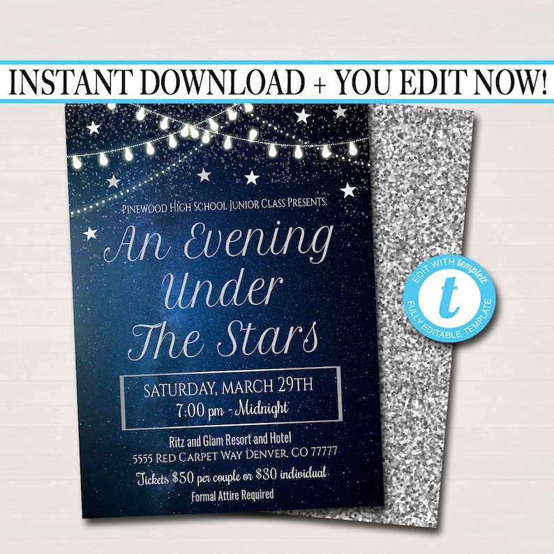 EDITABLE Prom Dance Invitation. Starry Night Silver Glitter - Etsy