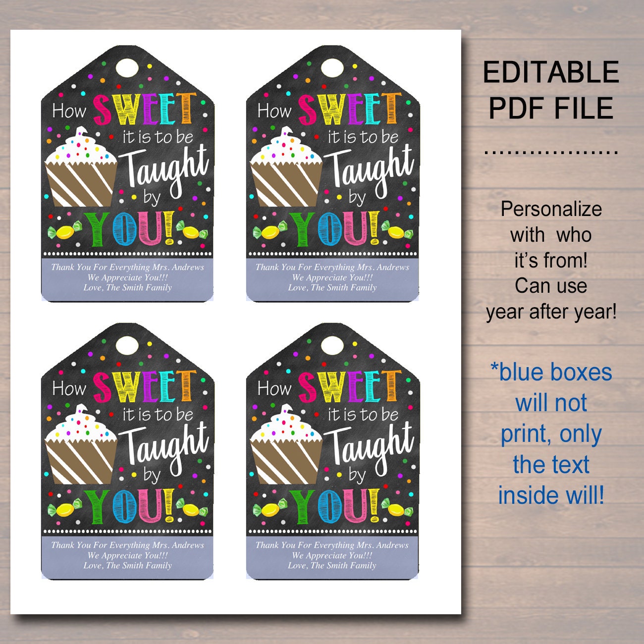 Printable Teacher Appreciation Gift Tags: Sweet Treat Design (editable ...
