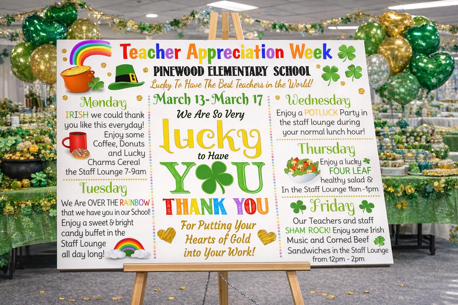 St. Patrick's Teacher Appreciation Week Itinerary Poster, Thank You ...