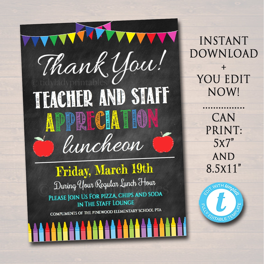 Editable Teacher Appreciation Staff Invitation, Chalkboard Printable ...