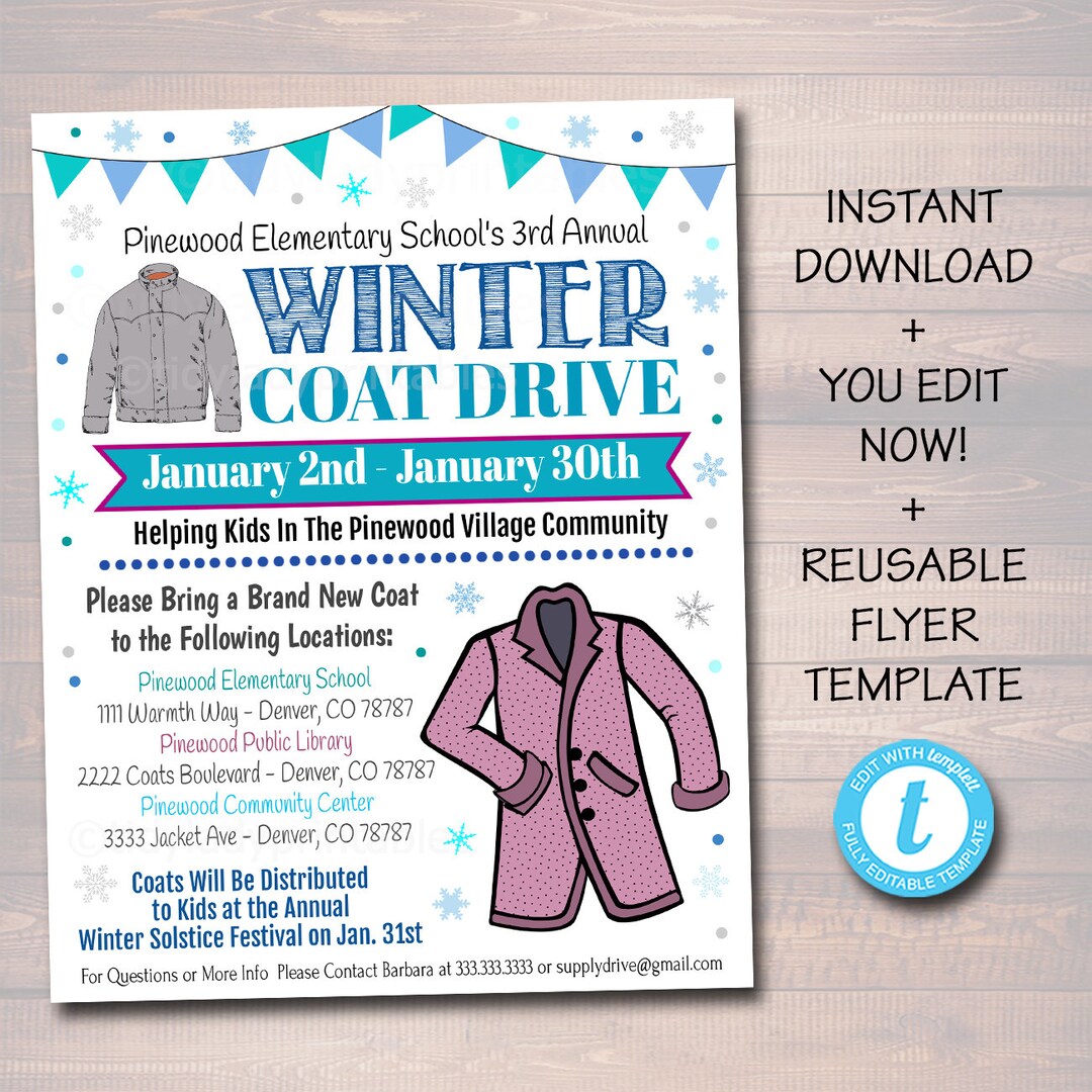EDITABLE Winter Coat Drive Flyer, Printable PTA PTO, Charity Church ...