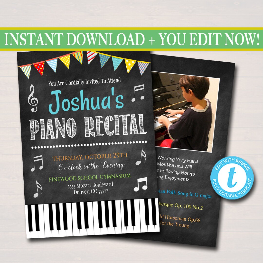 EDITABLE Piano Recital Invitation, Piano Music Performance Digital ...