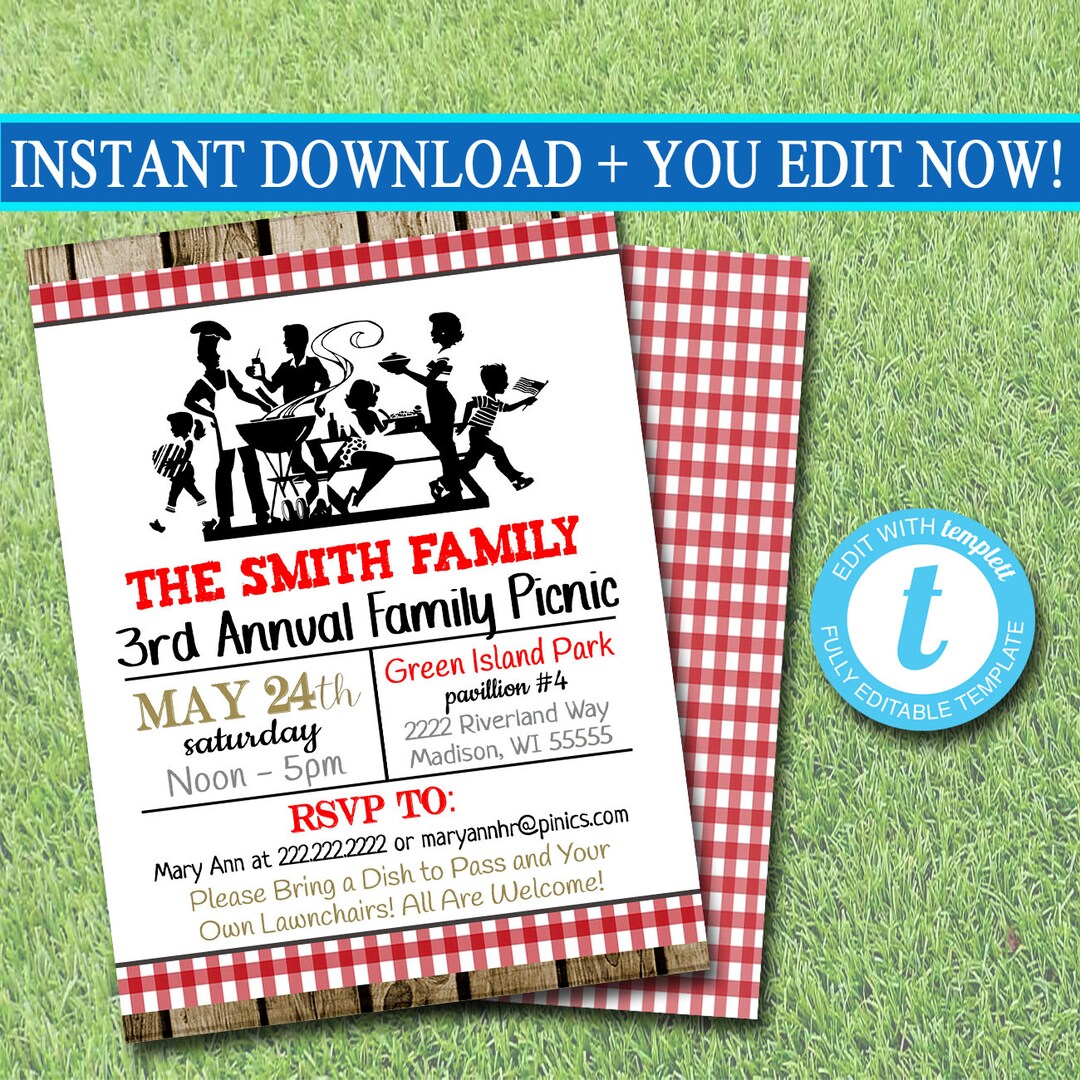 EDITABLE Picnic Invitation Company Picnic, Family Picnic, BBQ Invite ...
