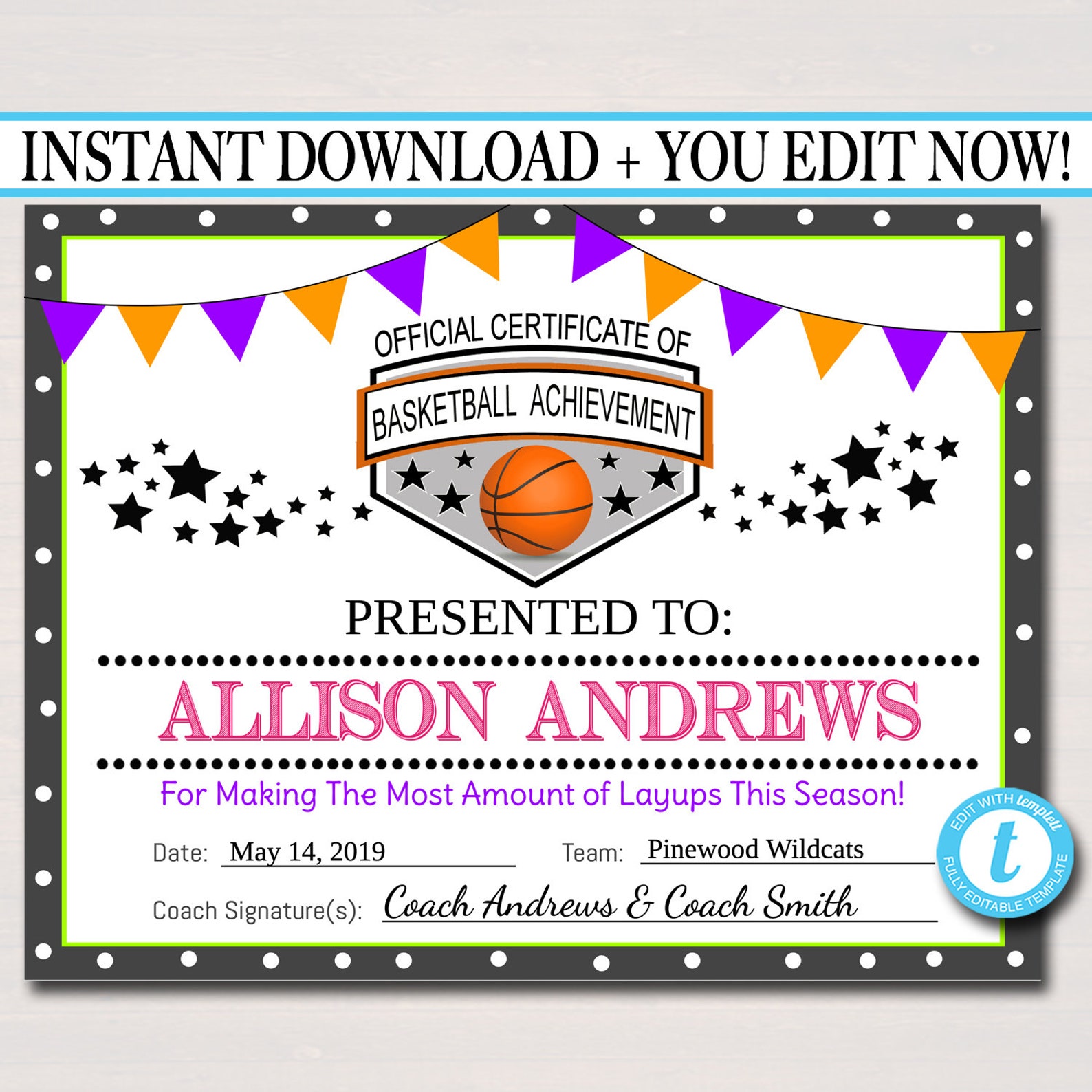 EDITABLE Basketball Certificates INSTANT DOWNLOAD Basketball - Etsy