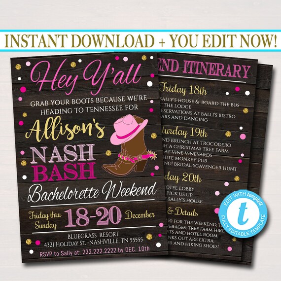 EDITABLE Nashville Tennessee Bachelorette Party Invitation, Nash Bash ...