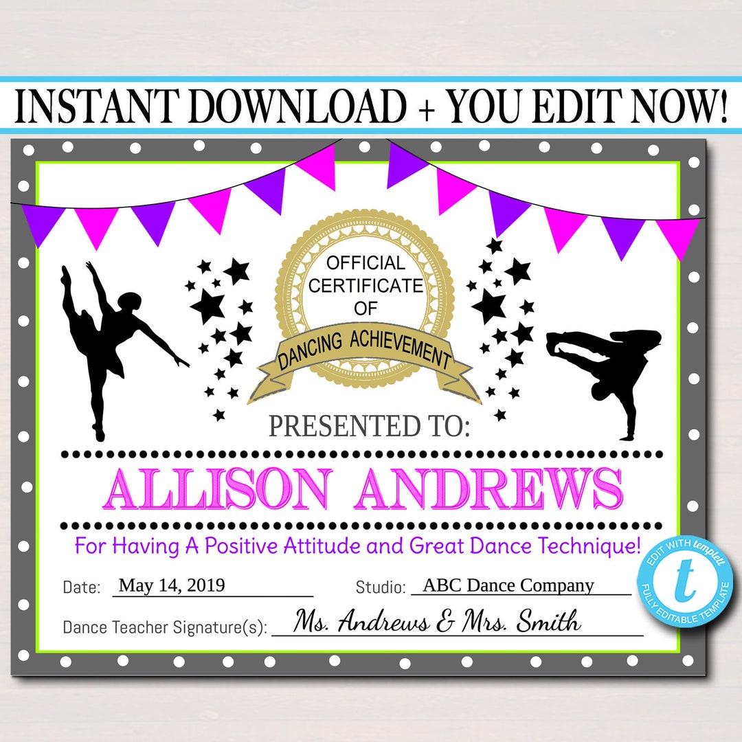 Editable Dance Award Certificate: Printable Participation Gift (instant ...