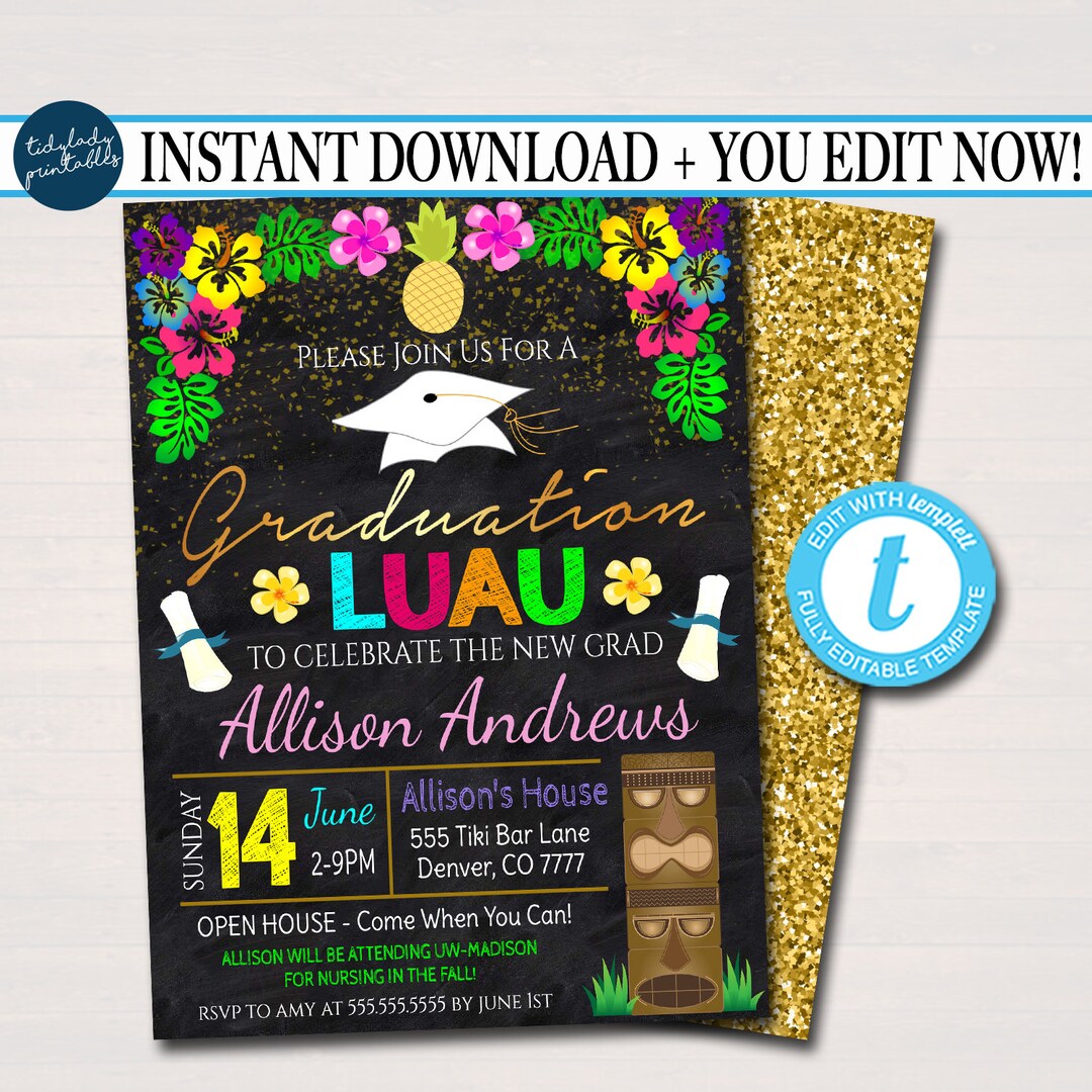 Editable Luau Graduation Invitation, Chalkboard Printable College ...