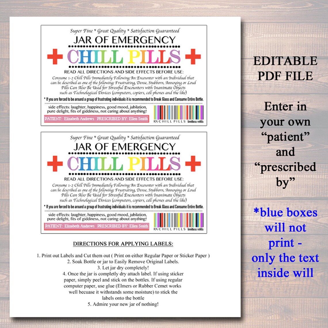Funny Chill Pills Label: Gag Gift Printable (editable) - Etsy