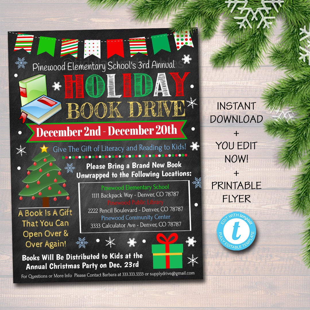 EDITABLE Holiday Book Drive Flyer, Printable PTA PTO Flyer School ...