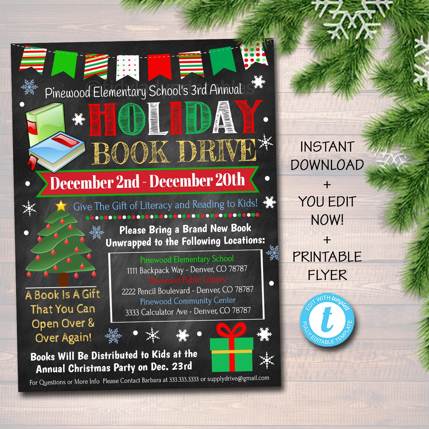 EDITABLE Holiday Book Drive Flyer Printable PTA PTO Flyer - Etsy