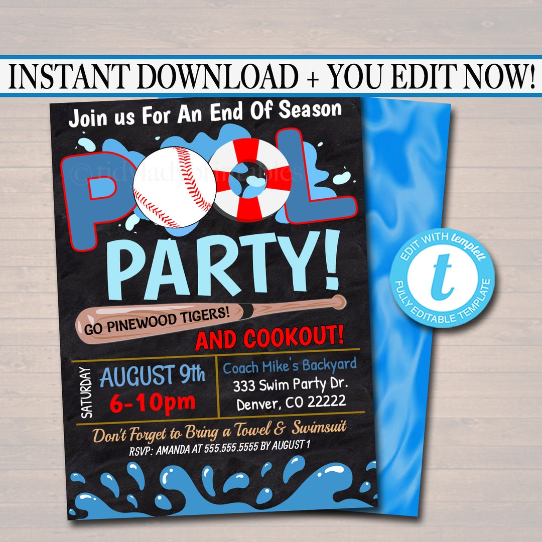 EDITABLE Summer Pool Baseball Party Invitation, Printable Digital ...