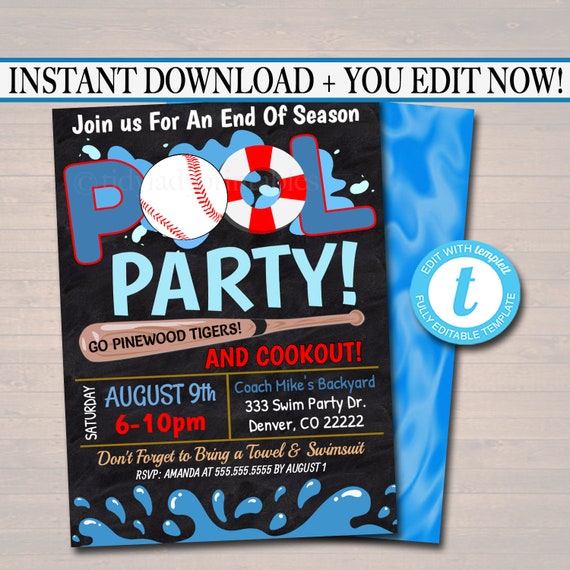 EDITABLE Summer Pool Baseball Party Invitation, Printable Digital ...