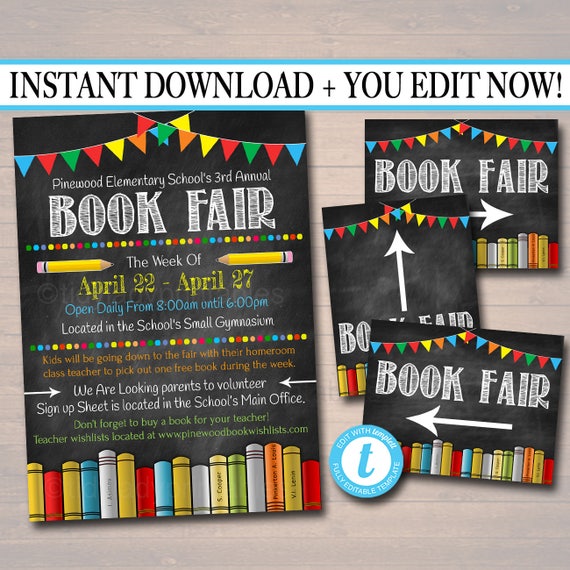 EDITABLE Book Fair Flyer Matching Directional Signs, Printable School ...