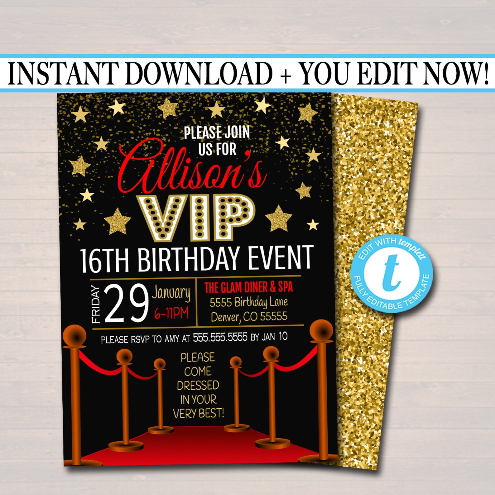 Editable Red Carpet Birthday Invitation: Hollywood VIP Movie Party ...
