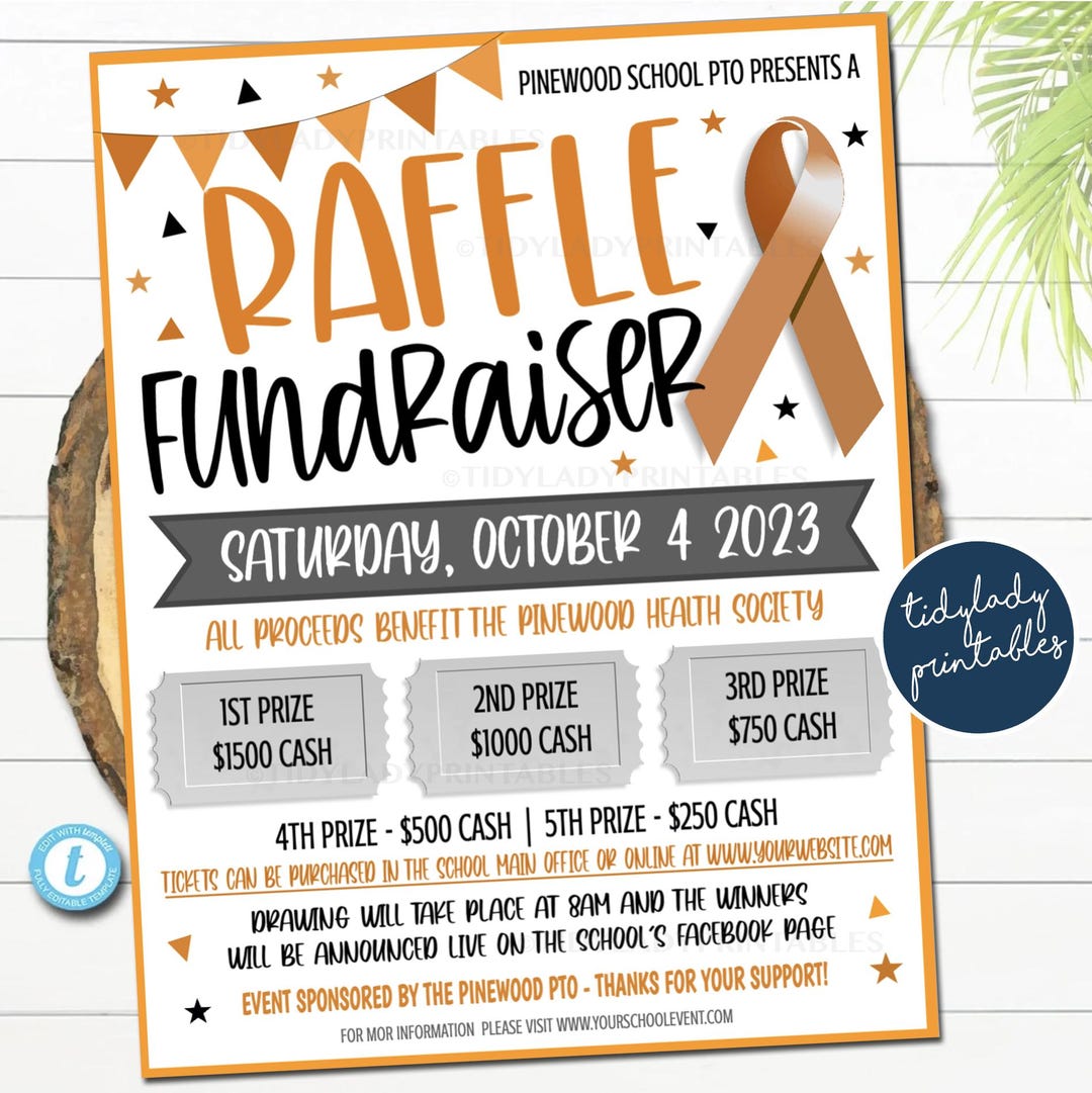 Orange Ribbon Raffle Fundraiser Flyer: Editable Template (digital ...