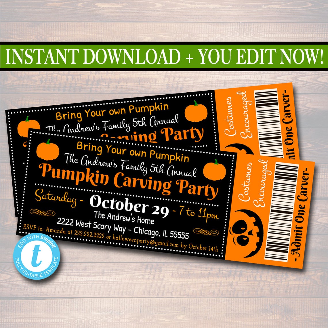 Editable Halloween Ticket Invitation: Pumpkin Carving Party (digital ...