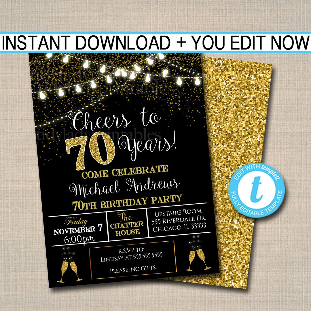 EDITABLE 70th Party Invitation, Birthday Printable Cheers to Seventy ...