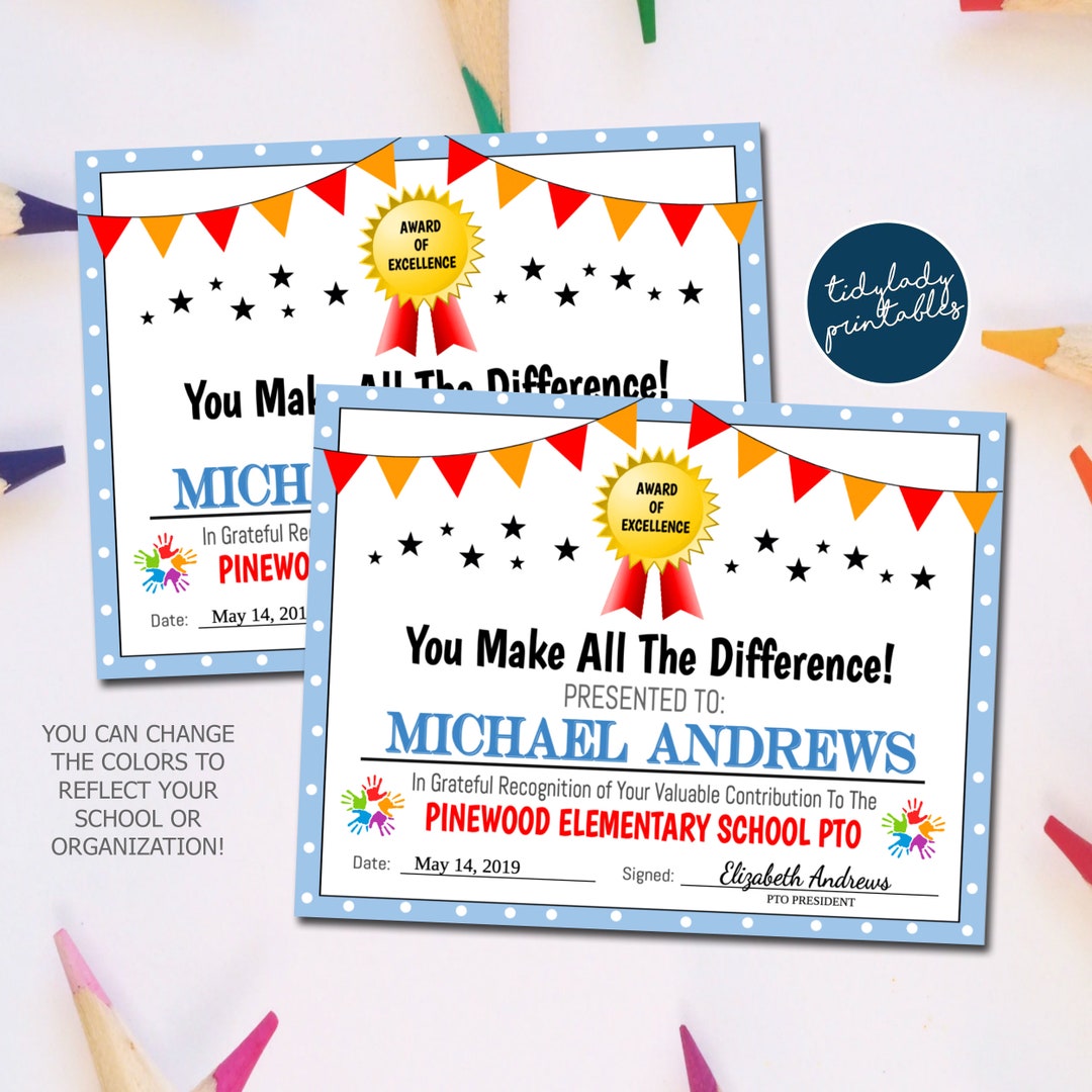 Editable PTO PTA Award Certificate Template (printable) - Etsy