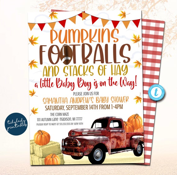 Pumpkin and Footballs Fall Baby shower Invitation, Little Red Truck ...
