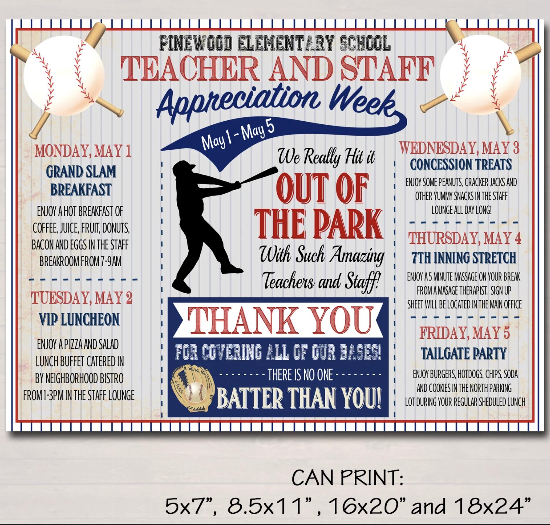 Baseball Themed Teacher Appreciation Week Itinerary Poster, School Pto ...