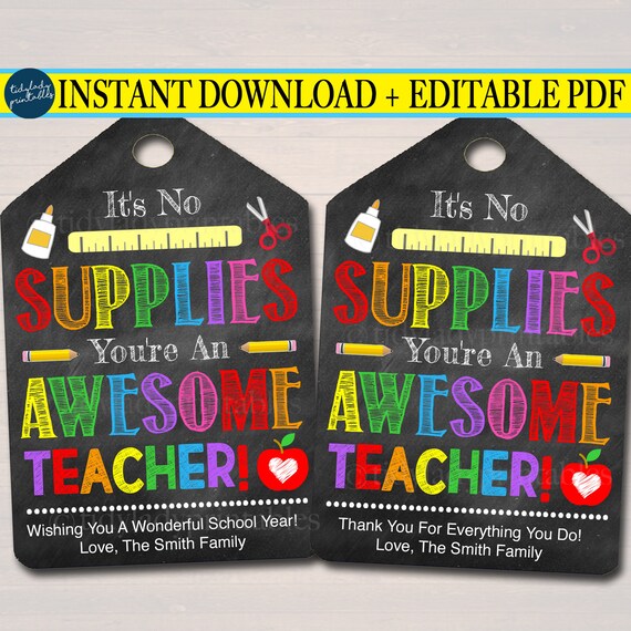 EDITABLE Teacher School Supply Gift Tags, Student First Day of School ...